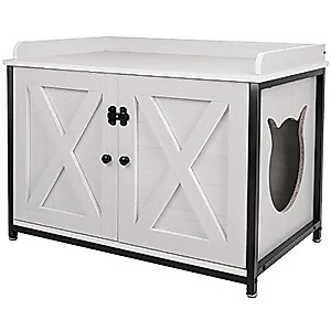 AZAMIA Cat Litter Box Furniture, Wooden Litterbox Hidden Enclosure Furniture Kitty Cat Washroom Storage Bench, Cat Litter Box Enclosures with Divider for Indoor Cat, White