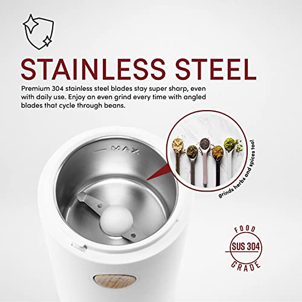 Aroma Housewares Mini Coffee Grinder and Electric Herb Grinder with 304 Stainless Steel Grinding Blades and a See-through Lid (40 g.), White, 40g