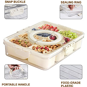 Divided Serving Tray with Lid and Handle - 8 Compartment Portable Snackle Box Charcuterie Container - Clear Snack Organizer for Fruits, Candy, Nuts, Snacks - Ideal for Parties, Travel & Picnics