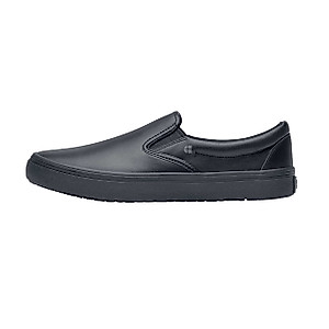 Shoes for Crews Merlin, Slip-On, Men's, Women's, Unisex, Slip Resistant Work Shoes, Black Leather, Men's Size 6.5 Wide, Women's Size 8 Wide