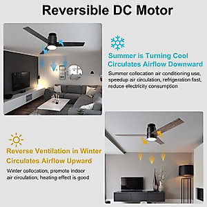 Flybull Ceiling Fans with Lights Flush Mount, 52 Inch Modern Black Ceiling Fan with Light and Remote Control - 3 Wood Blades LED Ceiling Fan Low Profile Ceiling Fan Light