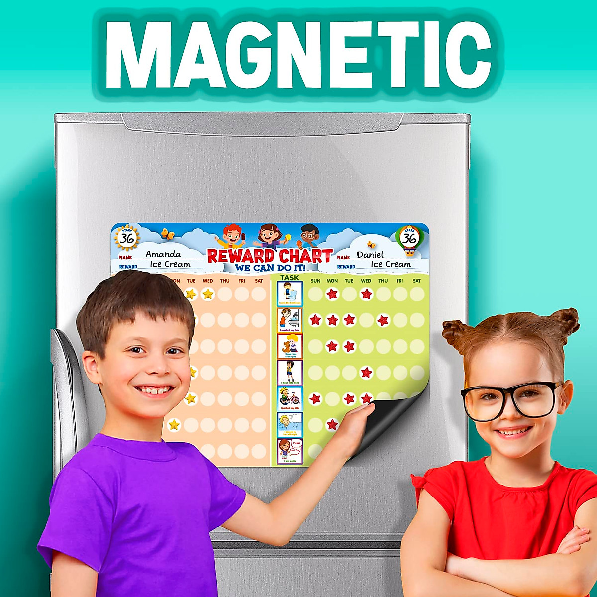 Chore Chart for Multiple Kids, Behavior Chart for Kids at Home, Dry Erase, and Magnetic Reward Chart for 2 Kids, Includes 54 Chores