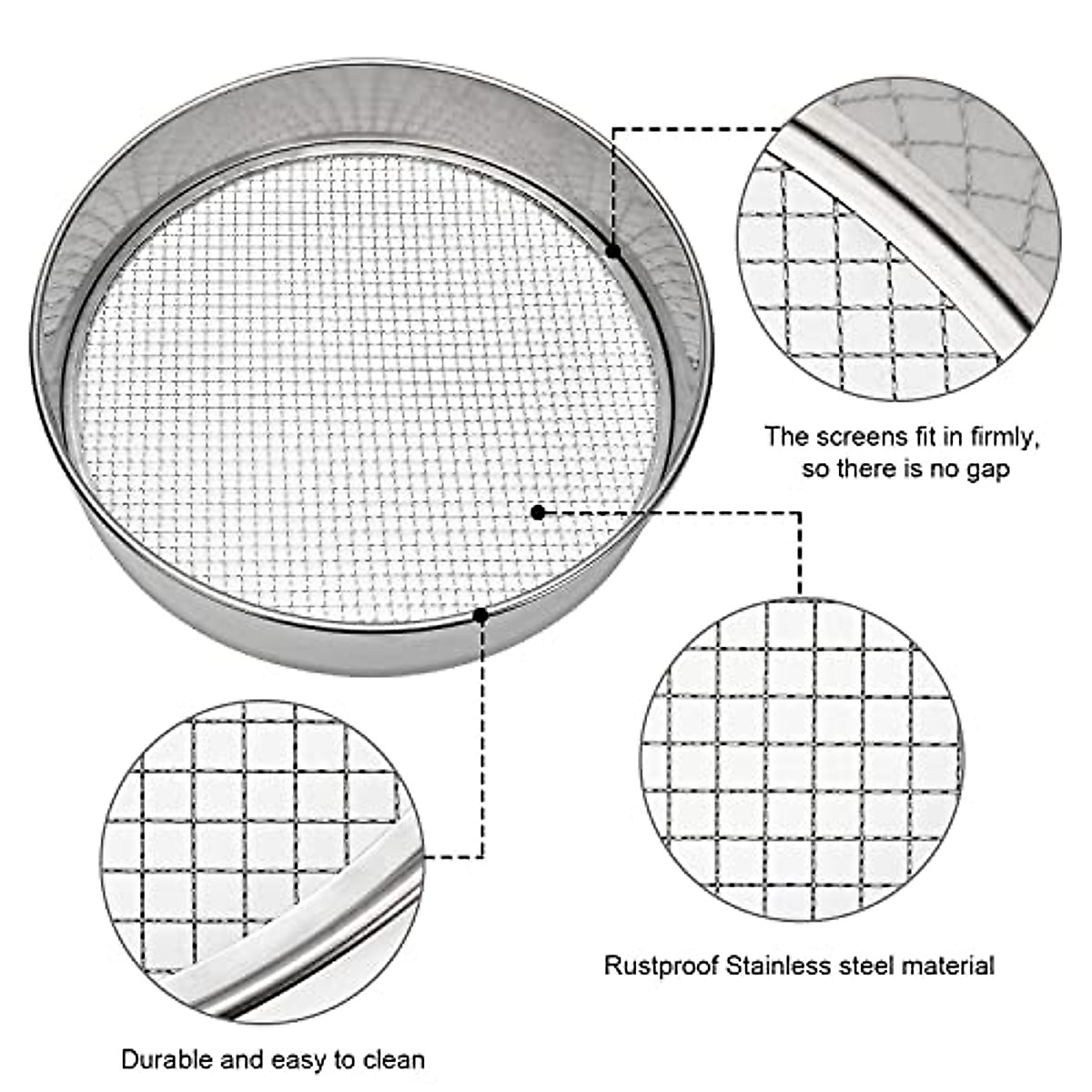 Soil Sieve Stainless Steel Riddle Sieve Set, 12" Diameter, with 3 Interchangeable Filter Mesh Sizes 3,6,9mm and Shovel