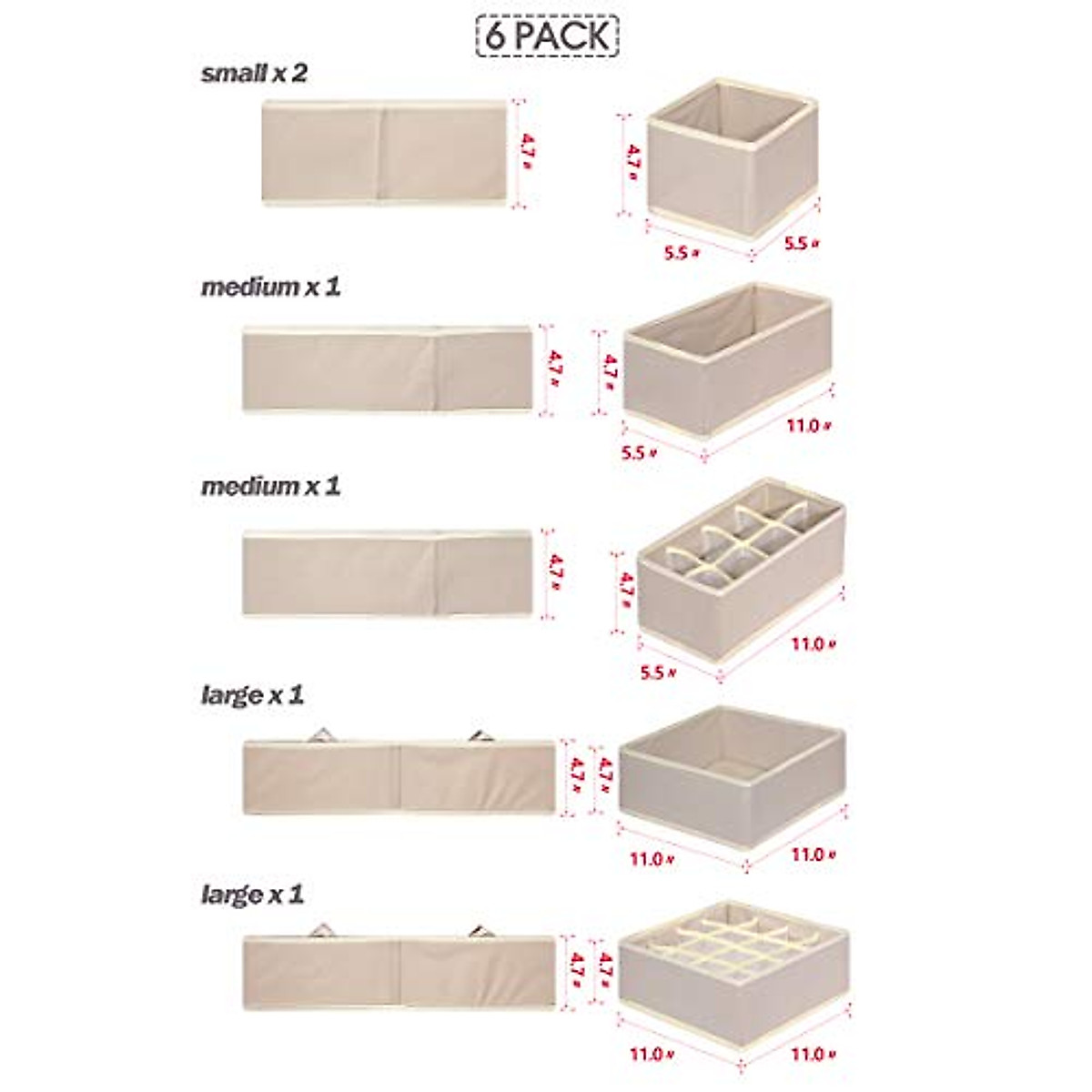 TENABORT 6 Pack Foldable Drawer Organizer Dividers Cloth Storage Box Closet Dresser Organizer Cube Fabric Containers Basket Bins for Underwear Bras Socks Panties Lingeries Nursery Baby Clothes Beige
