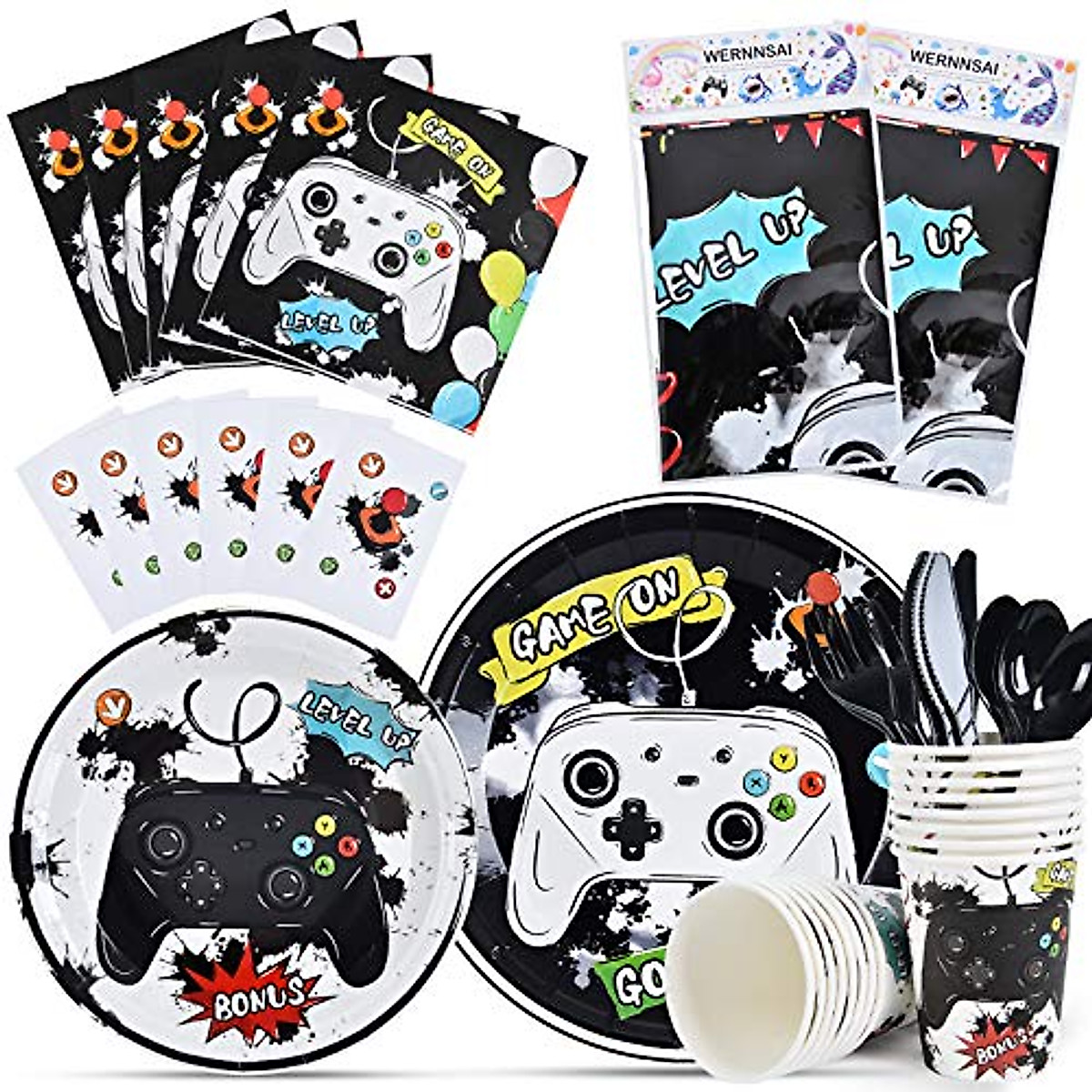 WERNNSAI Watercolor Video Game Party Tableware Set - Gaming Party Supplies for Boys Gamer Birthday Plates Cups Napkins Tablecloth Cutlery Bags Utensils Serves 16 Guests 130 PCS
