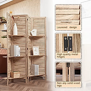 Vicluke 4 Panels Room Divider with 3 Removable Storage Shelves, 5.6 FT Folding Privacy Screen, Wood Portable Wall Divider for Home, Office, Restaurant(Natural)