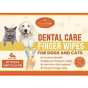 MokaPaw Dog Teeth Cleaning Wipes - Dog Tooth Wipes - Dental Wipes for Dogs Teeth - Cat Teeth Cleaning Wipes - Dog Teeth Wipes - Pet Dental Finger Wipes for Dogs and Cats - 40 Count