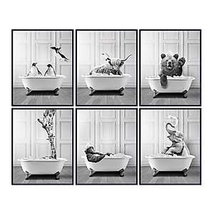 Cute Bathroom Wall Art & Decor - Funny Bathroom Decor for Women, Kids - Cow Elephant Bear Giraffe Penguin Wall Art Set - Bathroom Pictures - Bath Wall Decor - Bathroom Accessories - Powder room Sign