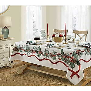 Lintex Evergreen Garland Double Ribbon Bordered Cottage Christmas Tablecloth, Holly and Pine Cone Country Xmas Holiday Easy Care Fabric Tablecloth, 52 Inch x 52 Inch Square
