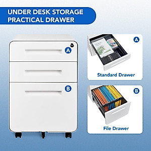 FLEXISPOT Mobile File Cabinet for Home Office 3 Drawer File Cabinet Under Desk Storage Filing Cabinet for Legal/Letter/A4 File,Round Corner Design,White
