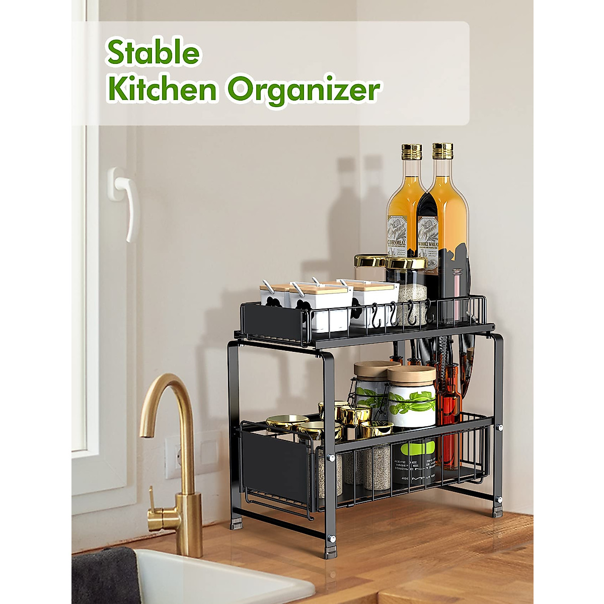 Docusvect Under Sink Organizer, 2-Tier Metal Under Cabinet Sliding Storage, Under Kitchen Sink Organizer, Under Sink Organizers and Storage with Hooks, Organizer for Bathroom Kitchen (Steel-1Pack)