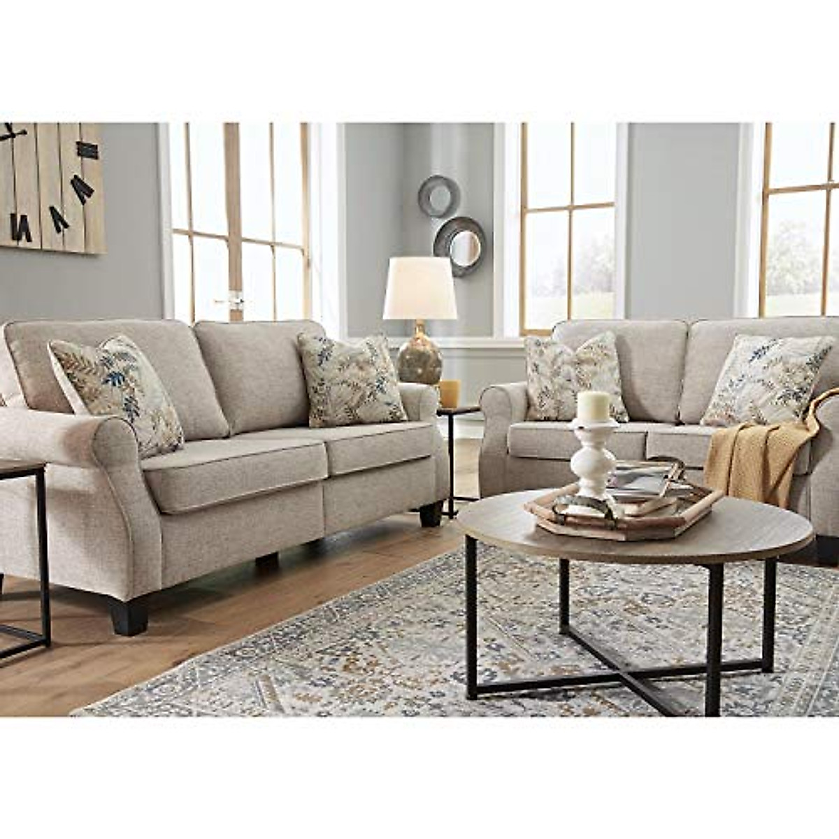 Signature Design by Ashley Alessio Modern Transitional Loveseat with Pillows, Beige