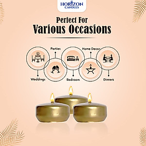 Horizon - Unscented 24 Piece Floating Candles for Parties | 2" Dripless and Smokeless Floating Candles with 5 Hours Burning Time for Centerpieces at Wedding, Pool, Home Decor | Metallic Gold