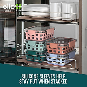 Ello Duraglass Glass Food Storage Meal Prep Containers /Bowls with Silicone Sleeve and Airtight Lids, 10 Piece 5 Pack, Melon, 3.4 Cups, Mixed