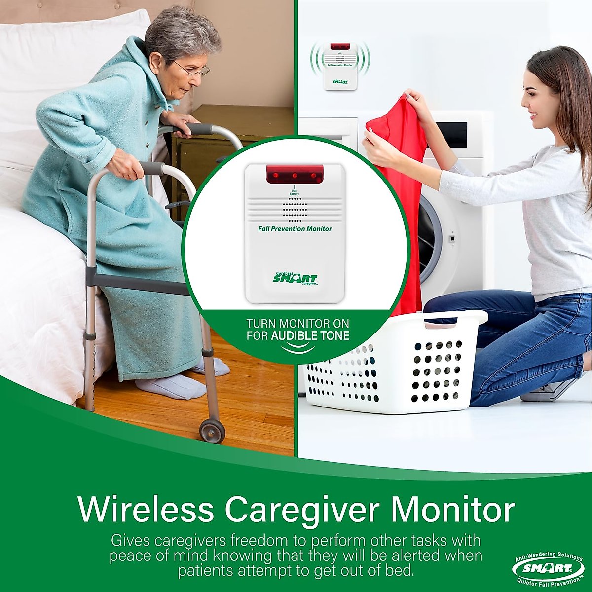 Smart Caregiver Wireless Bed Exit Alarm System - Weight Sensing Bed Pad with Call Button and Wireless Monitor - Bed Alarm Automcatically Alerts Caregiver When They Get Up to Help Prevent Falls