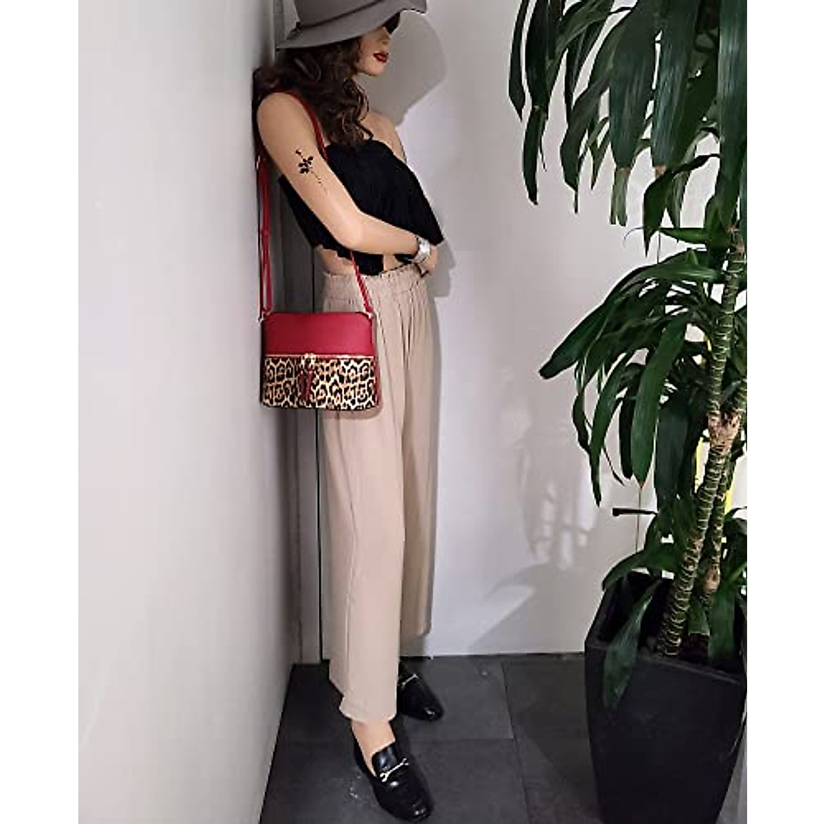 Womens Leopard Print Vegan Leather Dome Crossbody Purse Shoulder Bag (Leopard1 - Black/Leo)