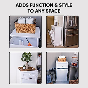 Trash Bin Cabinet | Tilt Out Dog Proof Trash Can Holder Kitchen Recycling Cabinet with Hideaway Drawer add Countertop Space (White) 35.5” H x 13.5” D x 20” W