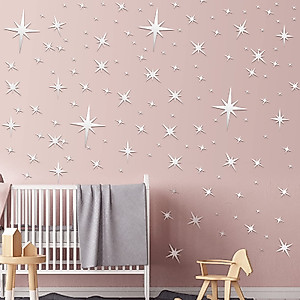 Zonon 82 Pieces Mirror Wall Stickers Removable Star Wall Decals 3D Acrylic Mirror Setting Wall Sticker Christmas Star Decorative Decal for Home Wall Living Room Bedroom Decor(Silver)