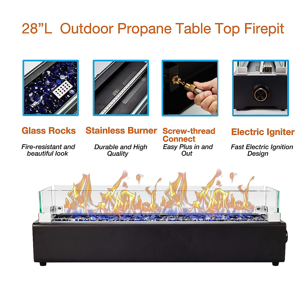 BAIDE HOME 28-inch Table Top Propane Fire Pit, 40,000 BTU Tabletop Firepit for Patio, Outdoor Portable Fireplace Rectangular Fire Bowl w/Wind Glass Shield, Glass Rocks - Black