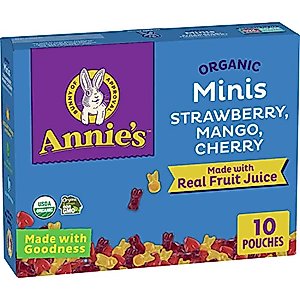 Annie's Organic Minis Bunny Fruit Flavored Snacks, Strawberry, Mango & Cherry, Gluten Free, 10 Pouches, 7 oz.
