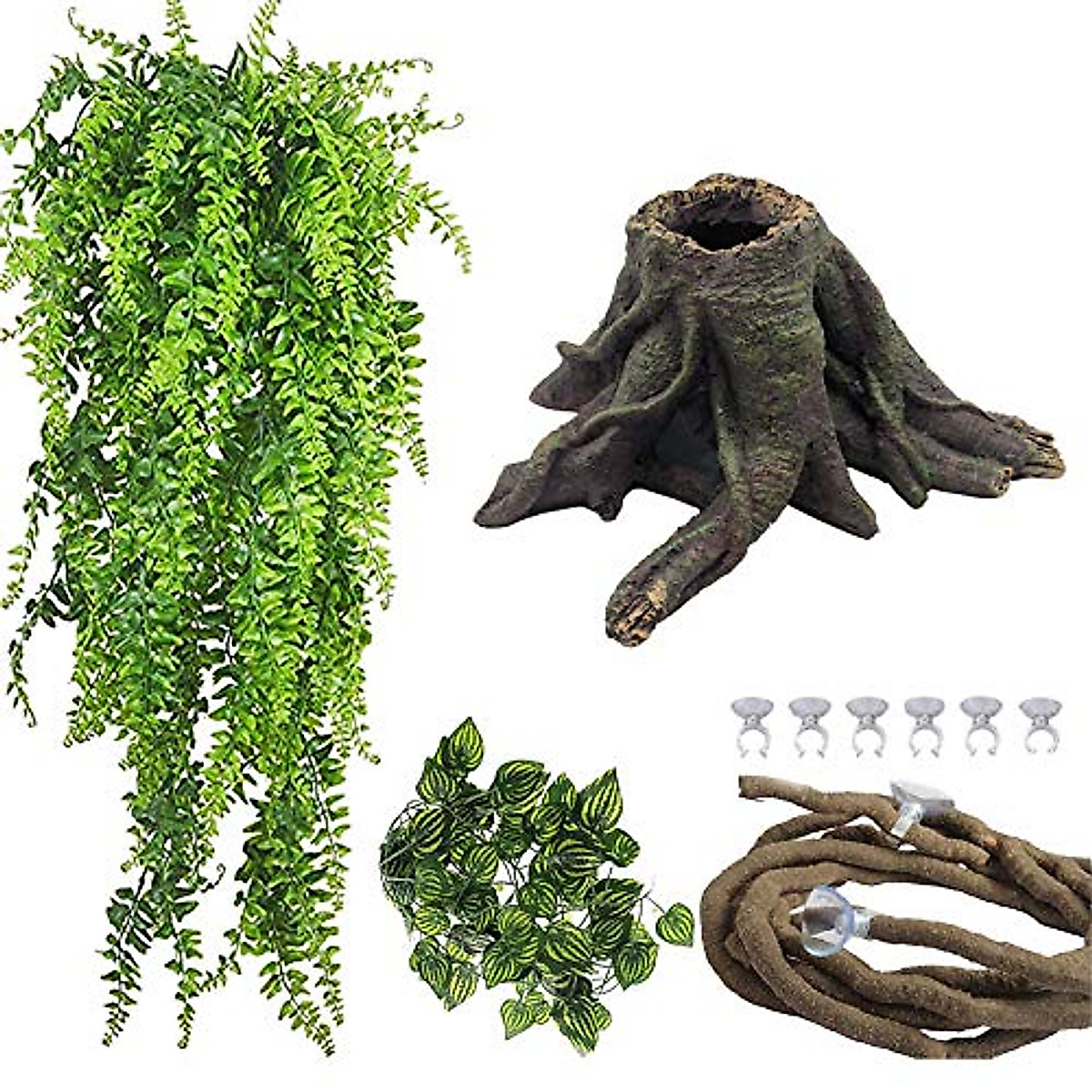 PINVNBY Resin Reptile Tree Stump Decorations,Reptiles Hollow Tree Root Decor Bearded Dragon Terrarium Habitat Hideouts Cave Bendable Jungle Vines Ornament for Lizard Chameleon Snake Gecko Hermit Crabs