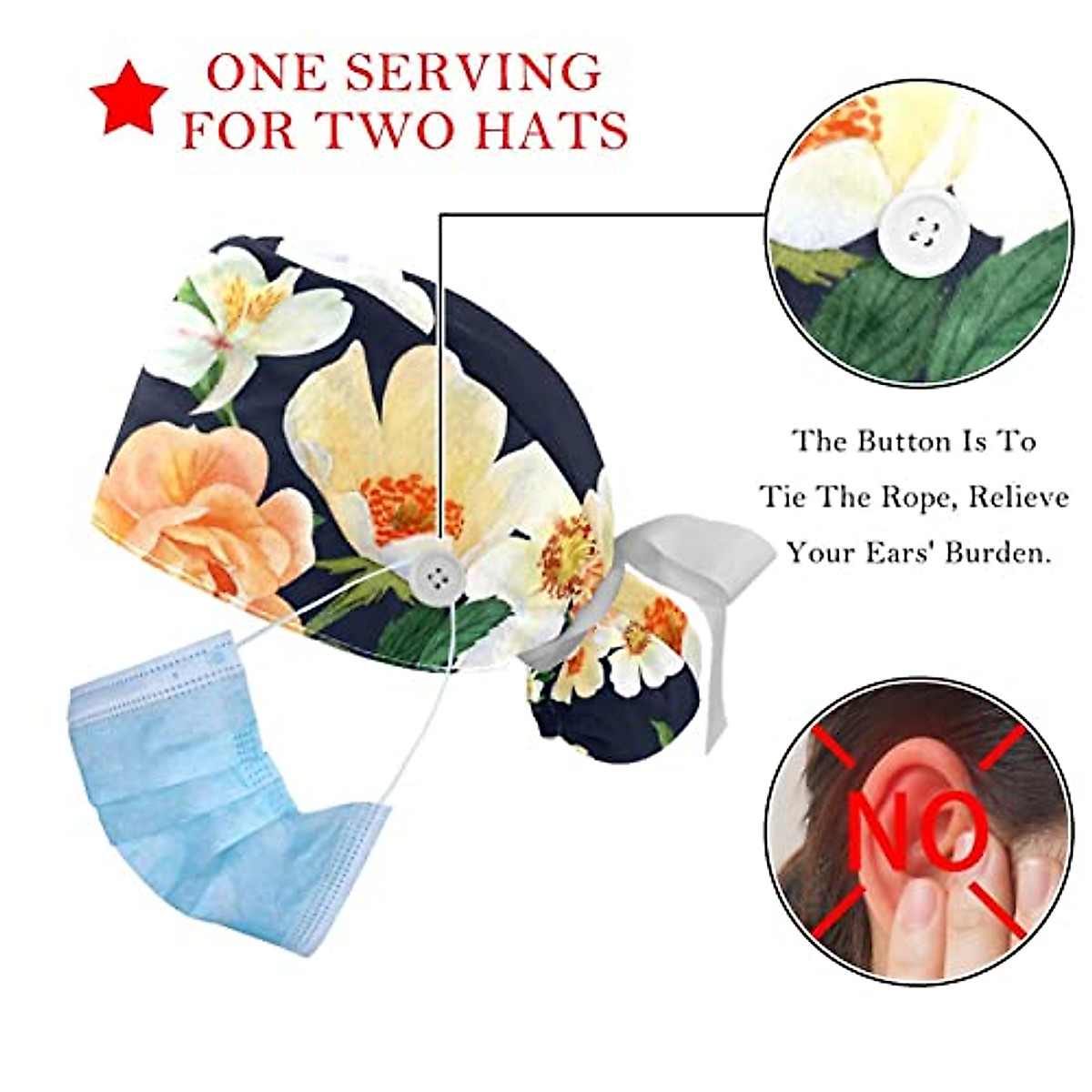 Mersov Watercolor Flowers Scrub Hats for Women Long Hair, Working Cap with Button & Sweatband, Unisex Tie Back 2 Packs, Multicoloured 5, Medium-3X-Large