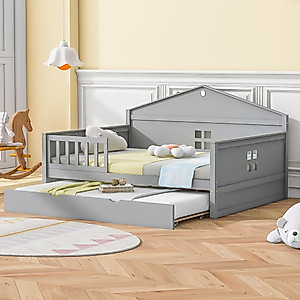 Merax Full Size Wooden Daybed with Trundle and Sensor Light, House Shaped Daybed for Kids, Boys and Girls, No Box Spring Needed, Grey