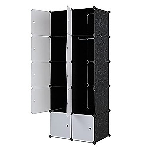 CuisinSmart 5 Layer 30 Grid Cube Storage with 6 Hangers DIY Assemble Wardrobe for Household Living Room Black and White