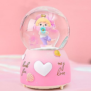 Snow Globe for Girls, 80mm Cute Seabed Figurine Snow Globe Music Box with Color Changing LED Lighs and Automatic Snowflakes, Christmas Birthday Gifts for Kids Girls Granddaughters (183-A)