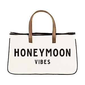 Santa Barbara Design Studio Tote Bag Wedding Collection Black and White 100% Cotton Canvas with Genuine Leather Handles, Large, Honeymoon Vibes