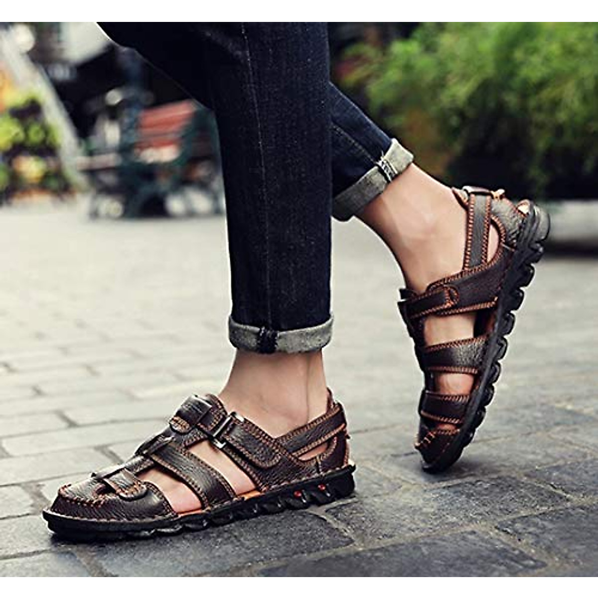 Mens Summer Casual Closed Toe Leather Sandals Outdoor Fisherman Adjustable Beach Shoes