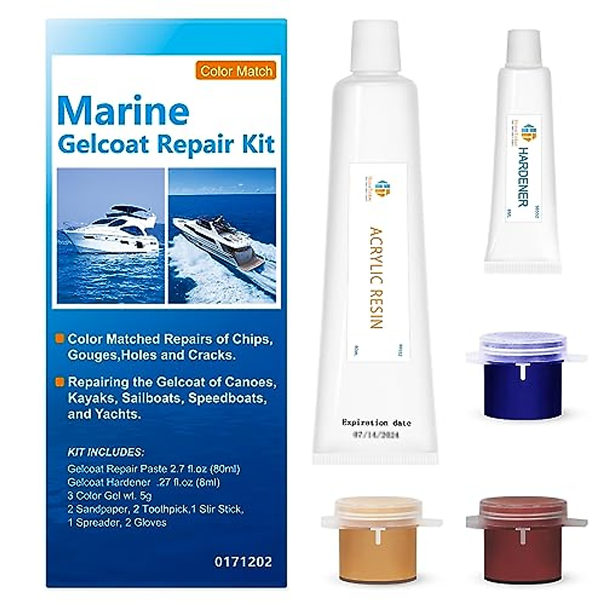 Gel Coat Repair Kit for Boats (Color Match), Fiberglass Boat Repair Kit,Marine Fiberglass Repair Kit,Premium Marine Gelcoat Epoxy Filler,Repair Chips Cracks Pits Holes for Gelcoat Porcelain Fiberglass