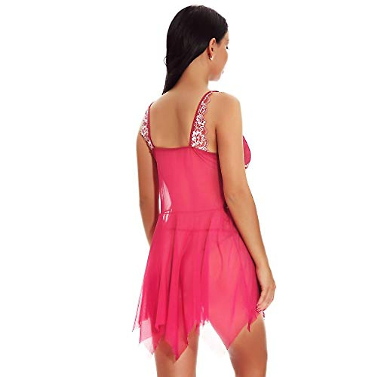 Aniywn Women's Sexy Lace Lingerie Front Closure Babydoll V Neck Mesh Lingerie Nightwear Sexy Chemise Sleepwear Watermelon Red