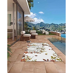 Fall Floral Thanksgiving Outdoor Rug for Patio, Large Floor Mat Grey Pumpkin Maple Leaves Non Slip Area Rug Rubber Backing Quick Dry Clearance Carpet for Camping, Garden, Lawn, Deck, Porch, 4' x 6'