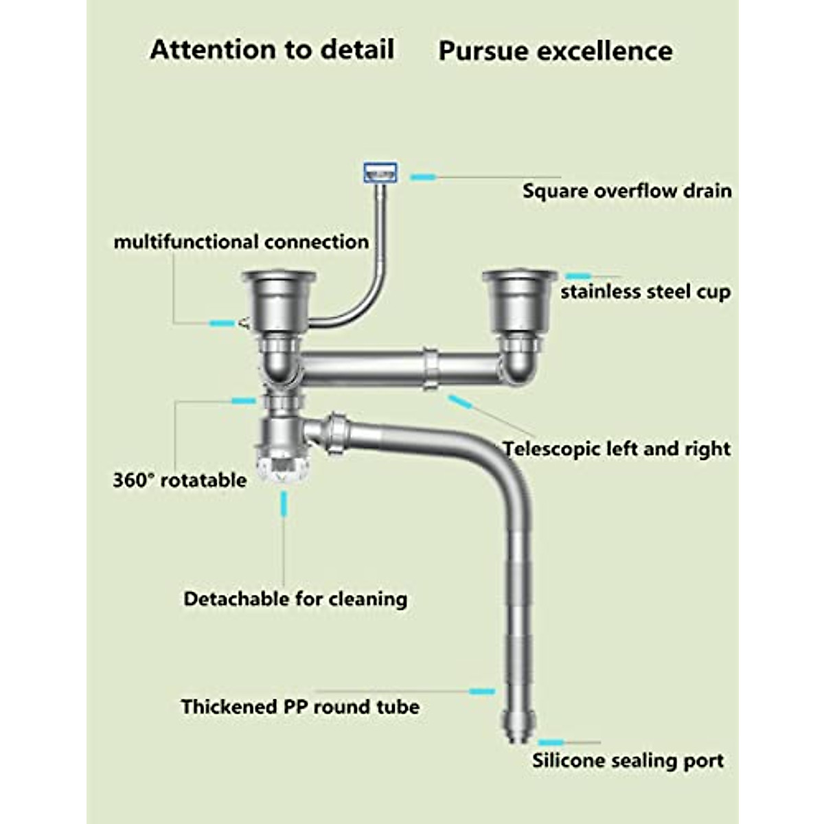 HTDAK Kitchen Dual Sink Installation Plumbing, Expandable Sink Drain Kit, Universal Kitchen Drain Kit, 3-1/2''Sink Expandable Drain, Silver, 13.78×13.78×5.90