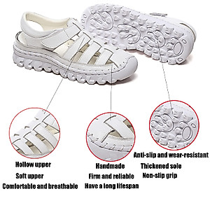 Women Genuine Leather Closed Toe Fisherman Sandals,Adjustable Hollow Platform Gladiator Sandal,Soft Sole Non-Slip Beach Walking Mom Shoes (White,9.5,9.5)