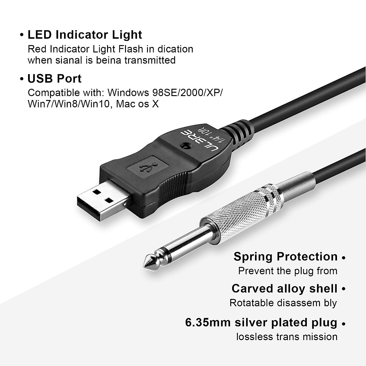 USB Guitar Cable Guitar Cord 10FT USB Male to 1/4 Inch TS Mono Jack Connector Cord Compatible Windows and MacOS Guitar Base to PC USB Connection Cable Adapter for Recording Instrument Singing