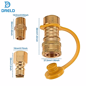 DRELD 3/8 Inch Natural Gas Quick Connect Fittings, LP Gas Propane Hose Quick Disconnect Kit, 3/8” Male Pipe NPT Thread x 3/8” Female Pipe Thread Natural and Propane Gas Hose Plug Solid Brass