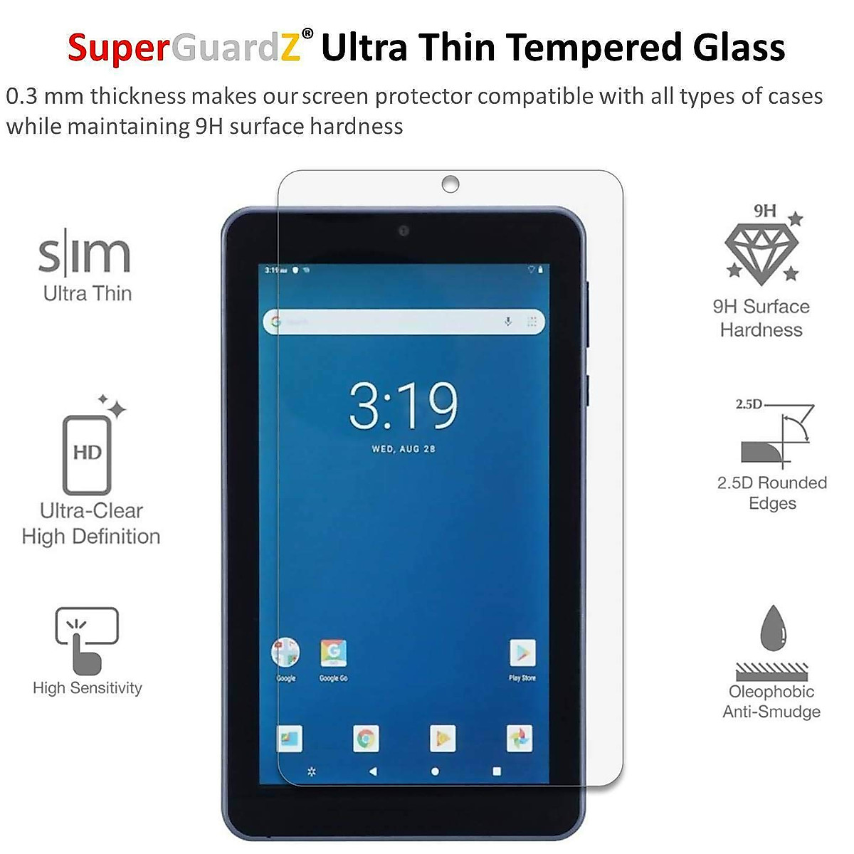 [2-Pack] for Onn 7" Tablet/Onn Surf 7" Screen Protector [Tempered Glass], SuperGuardZ, 9H, 0.3mm, 2.5D Round Edge, Anti-Scratch, Anti-Bubble [Lifetime Replacement]