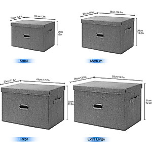 Valease Large Linen Fabric Foldable Storage Bins with Removable Lid and Handles, Washable Storage Box Organizer Containers Baskets Cube with Cover for Bedroom,Office(Black, Medium)