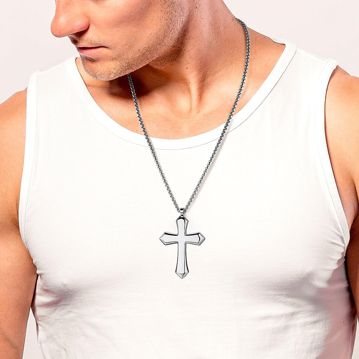 Dowos Silver Cross Necklace Mens Cross Necklace Stainless Steel Large Cross Necklace Gold Cross Necklace for Men Silver Cross Necklace