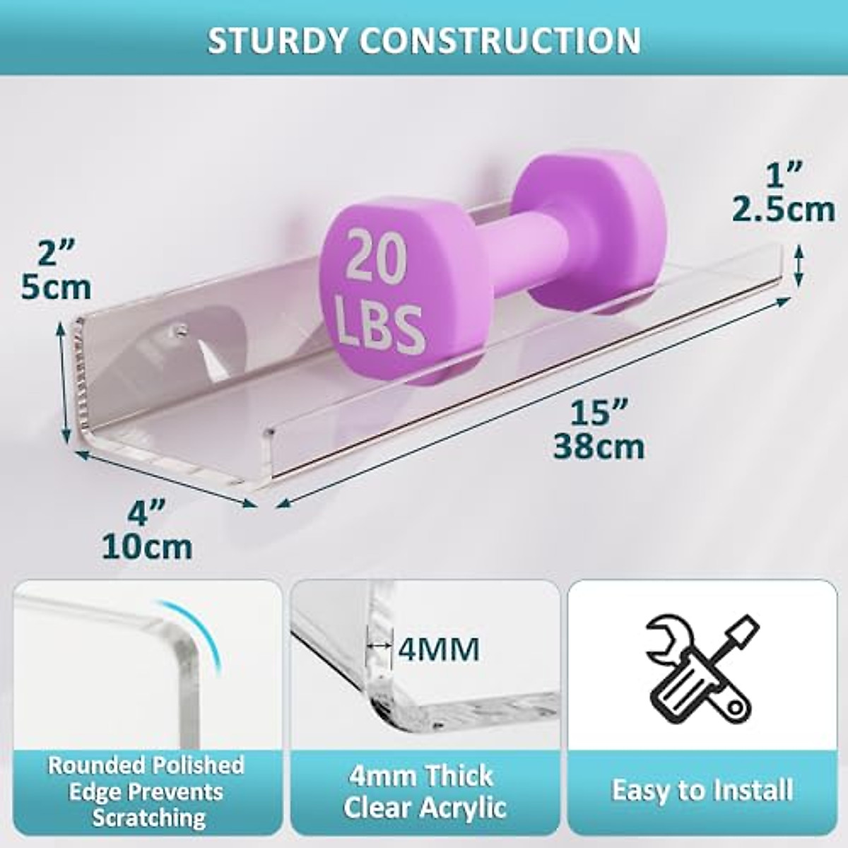 Albumgit 3 Pack Acrylic Wall Shelves, Self-Adhesive 15" Clear Floating Shelf Wall Mount, Invisible Kids Bookshelf, Display Storage Wall Ledge Shelves for Home Decoration and Organization