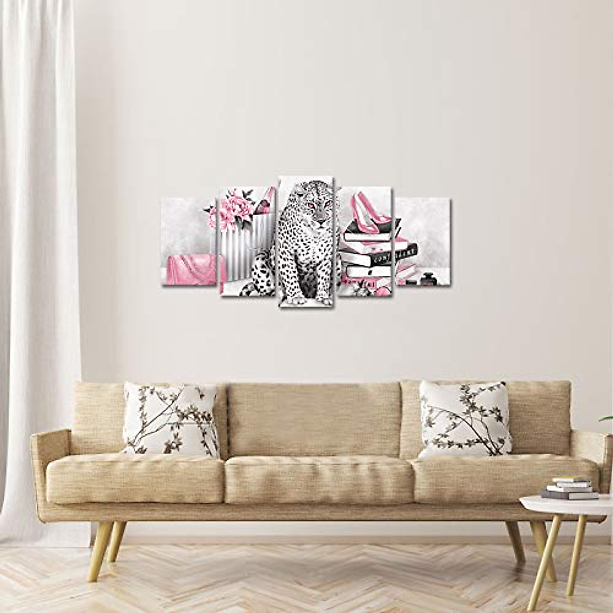 Kaloremore Black White Pink Fashion Leopard Canvas Wall Art Prints Glam High Heel Shoes Books Poster Giclee Prints Picture for Woman Bedroom Girl Gift Makeup Room Decoration