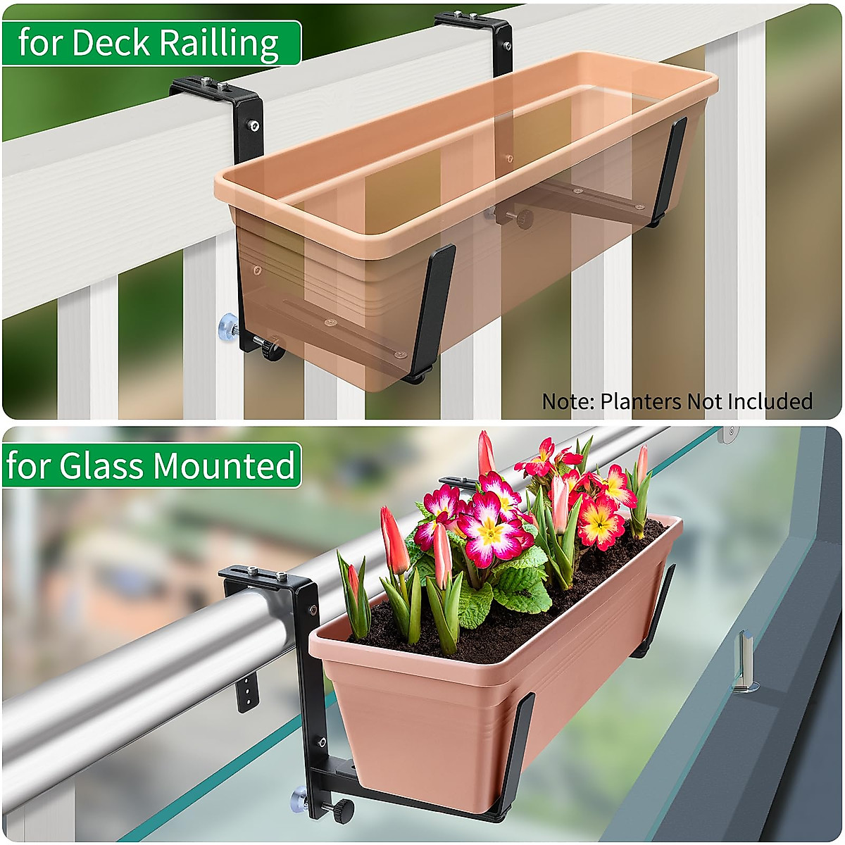 VOXOR Window Box Brackets, Adjustable Planter Box Brackets, Heavy Duty Iron Flower Box Brackets for Railings, with Enhanced Bottom Support - Perfect for Balconies, Fences, and Gardens (4 Pack)