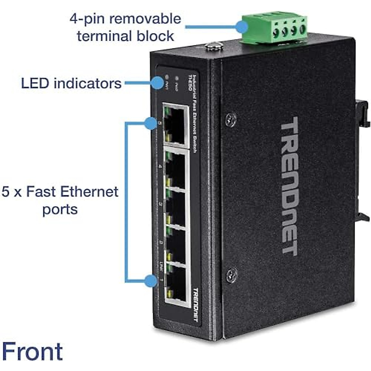 TRENDnet 5-Port Industrial Unmanaged Fast Ethernet DIN-Rail Switch, 5 x Fast Ethernet Ports, IP30, Operating Temperature Range of -40° – 75°C (-40° – 167°F), Lifetime Protection, Black, TI-E50