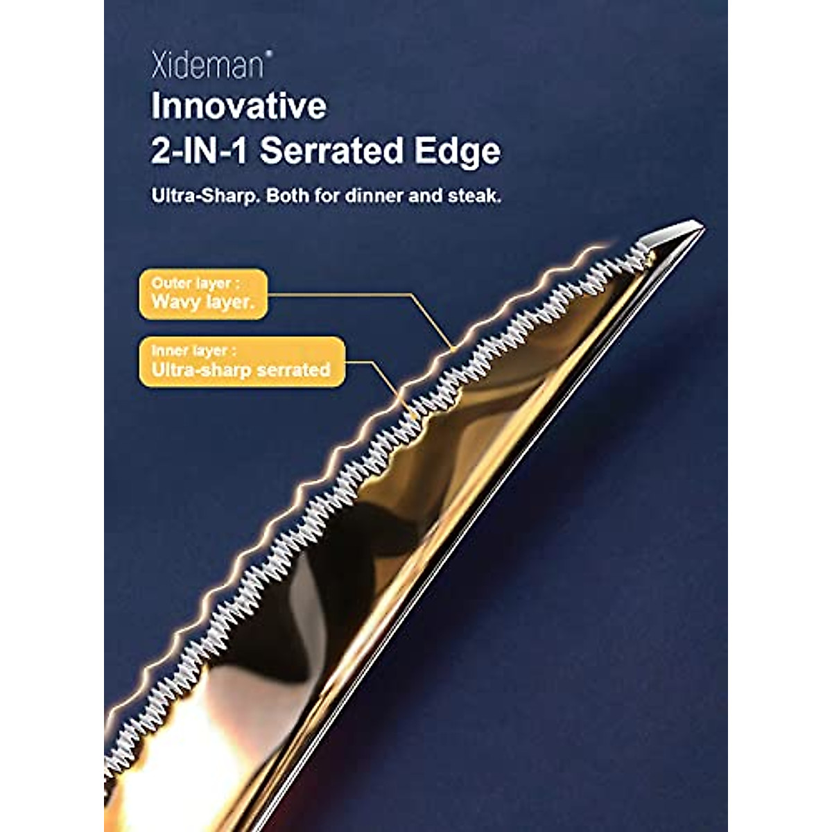 Xideman 16-Piece ​Modern Black Hammered Silverware Set with Ultra Sharp 2-IN-1 Serrated Knive, 18/10 Stainless Steel Flatware Set, Titanium ​Plated Cutlery Set Service for 4, Reusable, Dishwasher Safe