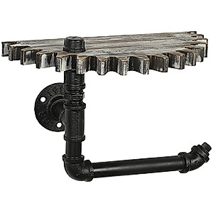 MyGift Wall Mounted Torched Wood Small Floating Shelf with Steampunk Gear Design and Realistic Industrial Metal Pipe Wall Bracket, Hanging Display Shelf Rack