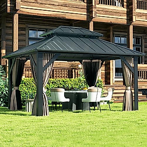 Raysfung 10 X 12ft Hardtop Gazebo, Galvanized Steel Double Roof Gazebo with Nettings and Curtains, Outdoor Aluminum FrameVertical Stripes Roof Permanent Pavilion for Patio, Backyard, Lawns