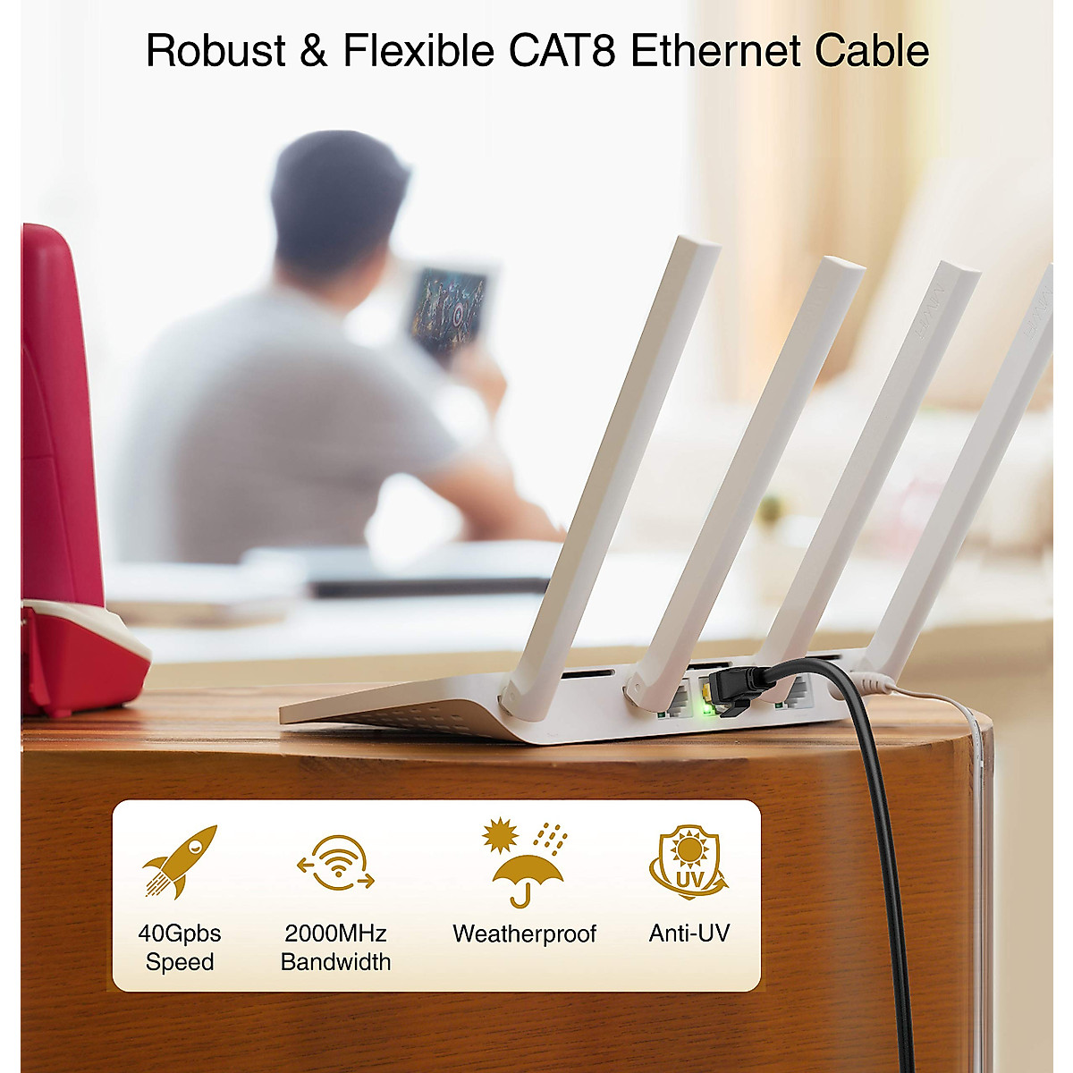 BlueRigger CAT 8 Ethernet Cable - 50FT Regular (RJ45, 40Gbps, 2000MHz, CAT8 Internet Cable) High Speed LAN Network Cable - Compatible with Game Consoles, HDTV, Router, PC