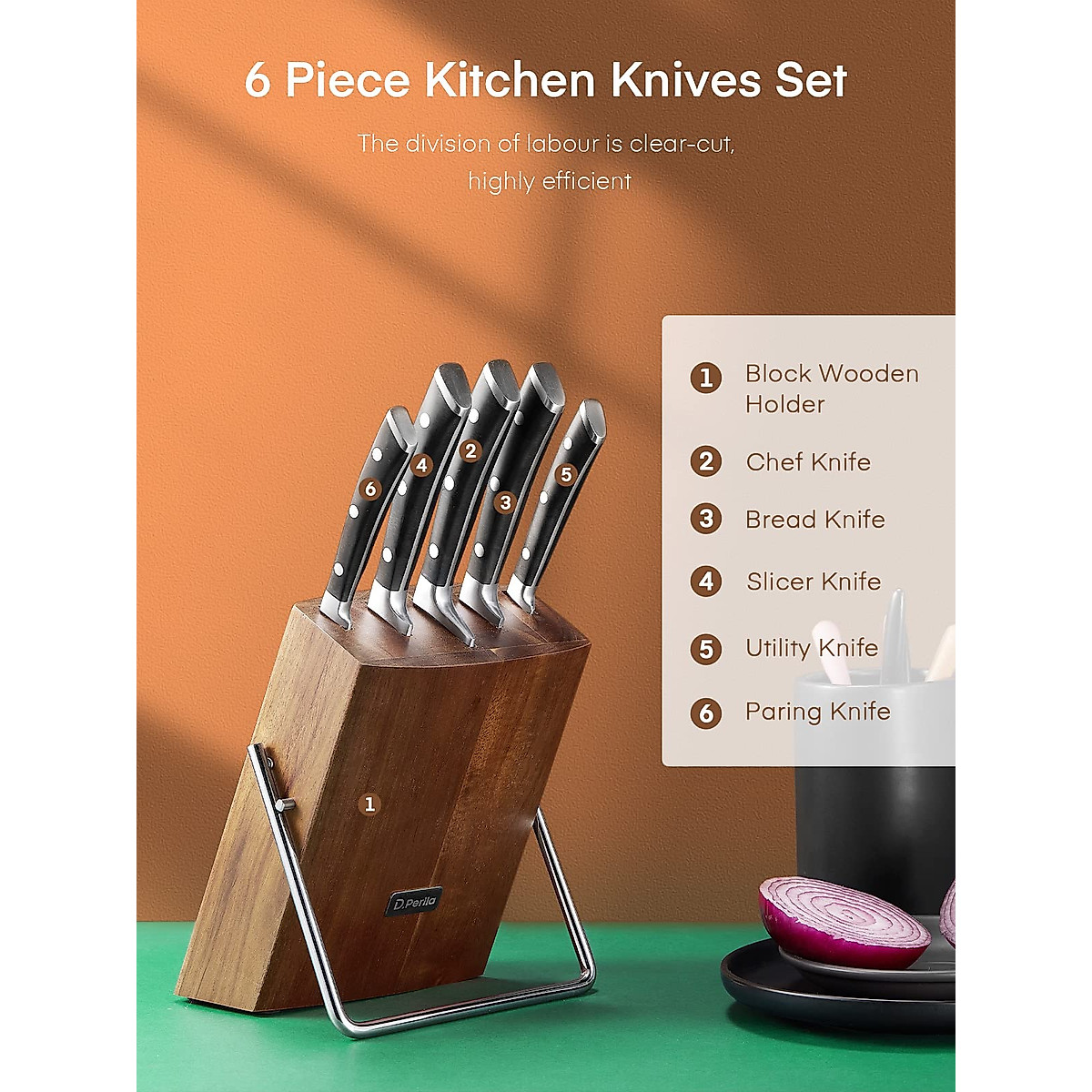 Knife Set, D.Perlla 6 Pieces Small Kitchen Knife Set with Block, German Stainless Steel Knives Set, Sharp Chef Knife Block Set, Brown